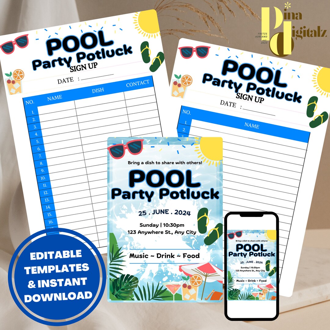 EDITABLE Pool Party Potluck Invitation Swimming Pool Potluck Invite ...