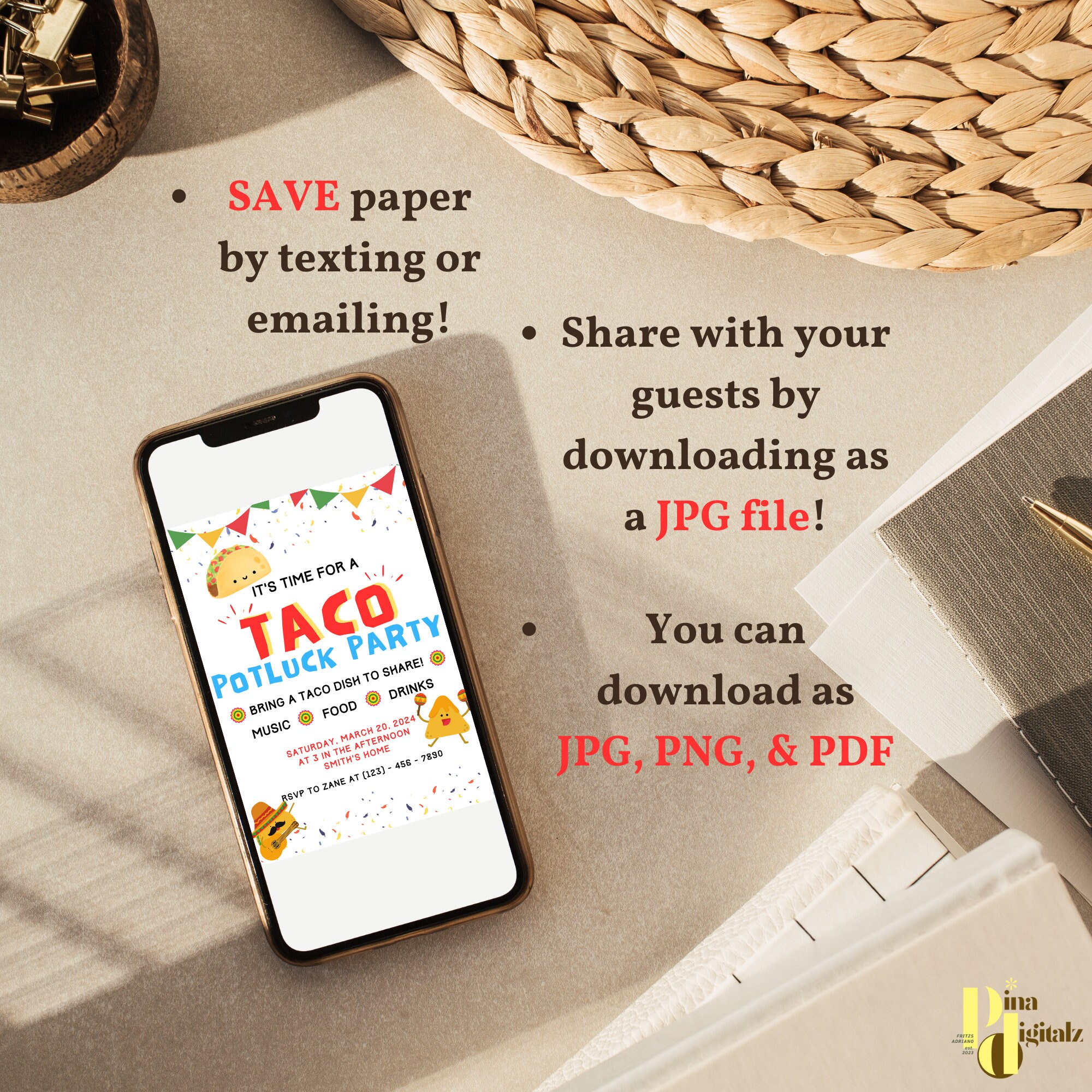 DIGITAL DOWNLOAD Taco Potluck Invitation Taco Bar Potluck Invite Taco ...