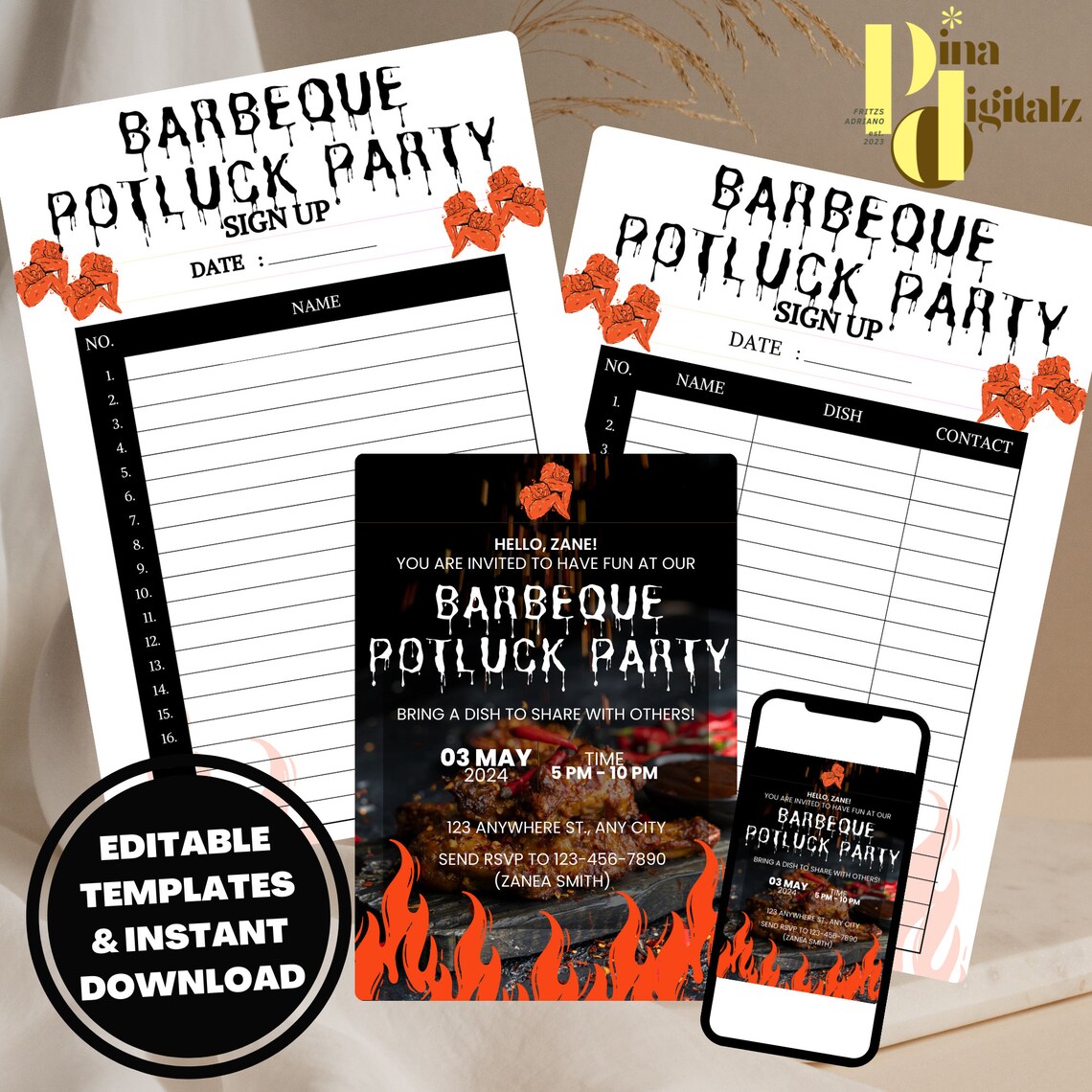 EDITABLE Summer BBQ Potluck Invitation Summer Barbecue Potluck Invite ...