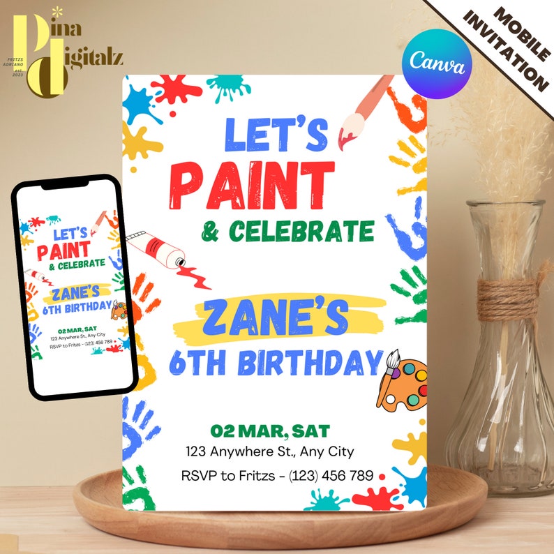 EDITABLE Party Paint Invites Art Birthday Invitation Colorful Painting ...
