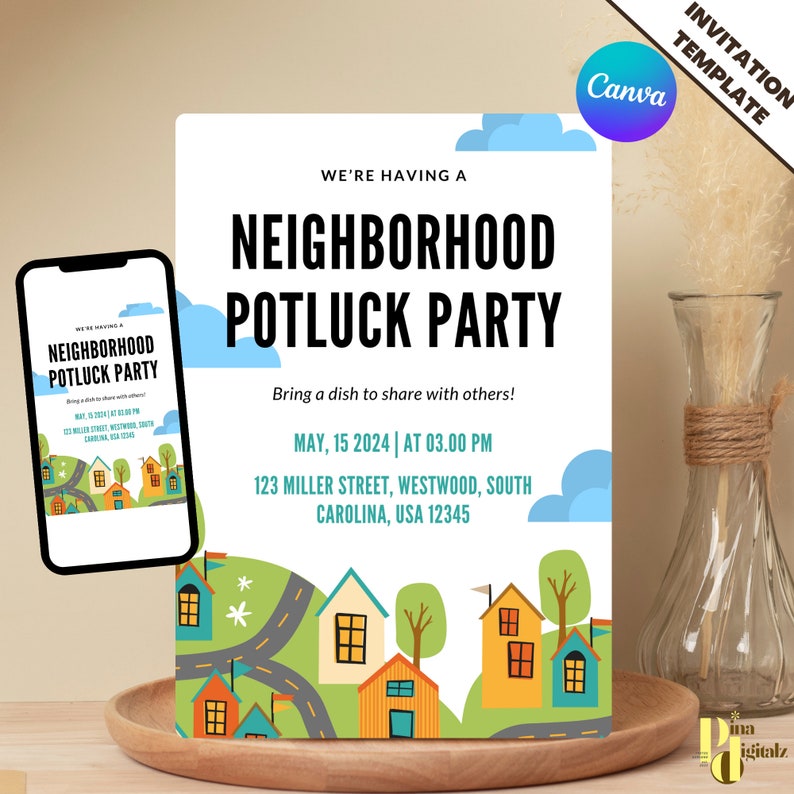 EDITABLE Neighborhood Party Potluck Invitation Neighborhood Potluck ...