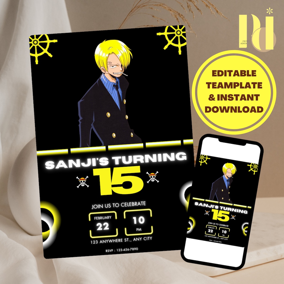 One Piece Anime Invitation Template, Editable Birthday Invitation Sanji ...