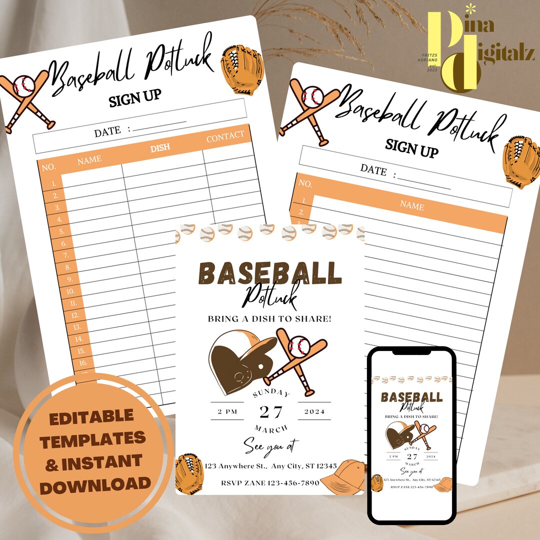 EDITABLE Baseball Potluck Invitation Baseball Potluck Invite Potluck ...