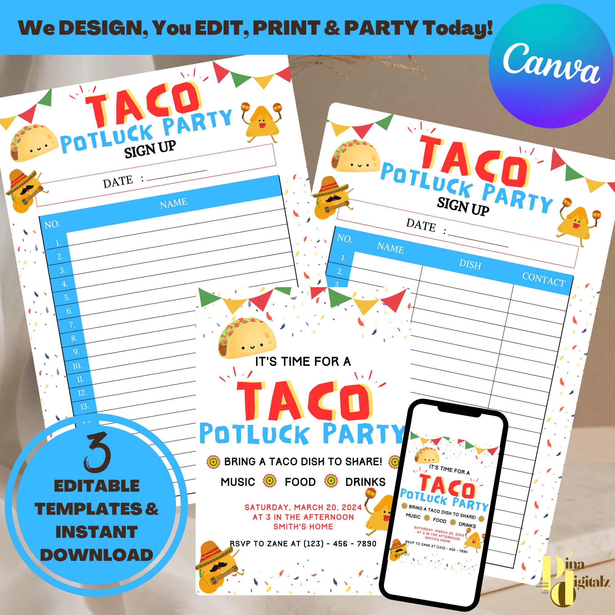 EDITABLE Taco Potluck Invitation Taco Bar Potluck Invite Taco Potluck ...