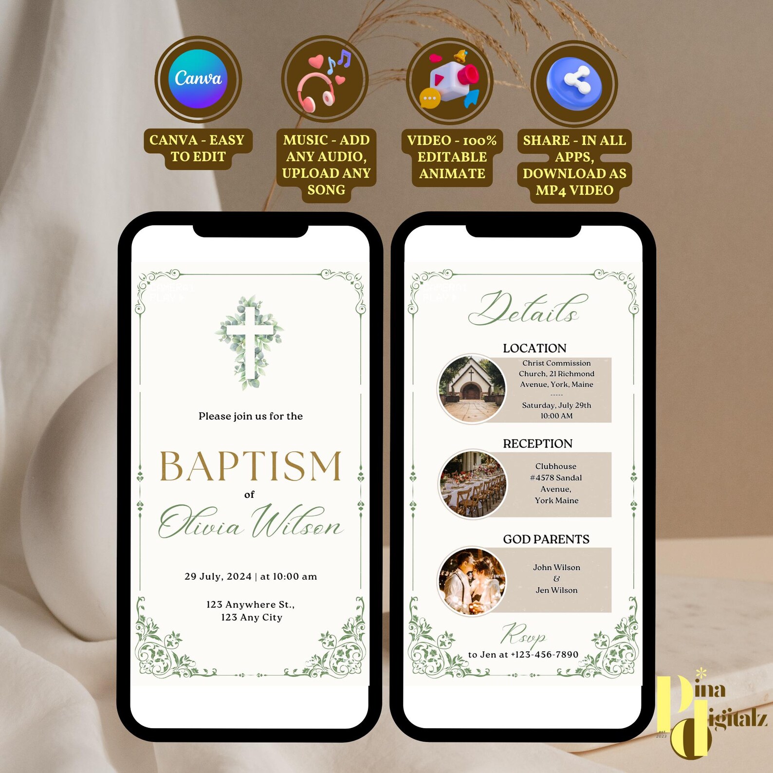 Electronic Baptism Invitation Template Greenery Baptism Invite ...