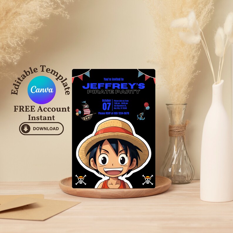 One Piece Anime Invitation Template, Editable Birthday Invitation Luffy ...