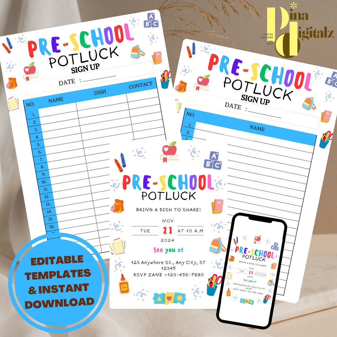 EDITABLE Pre School Potluck Invitation Pre School Party Potluck Invite ...