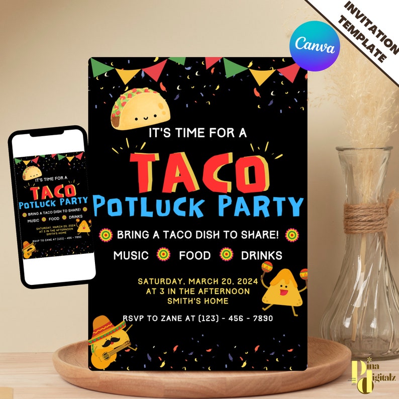 EDITABLE Taco Potluck Invitation Taco Bar Potluck Invite Taco Potluck ...