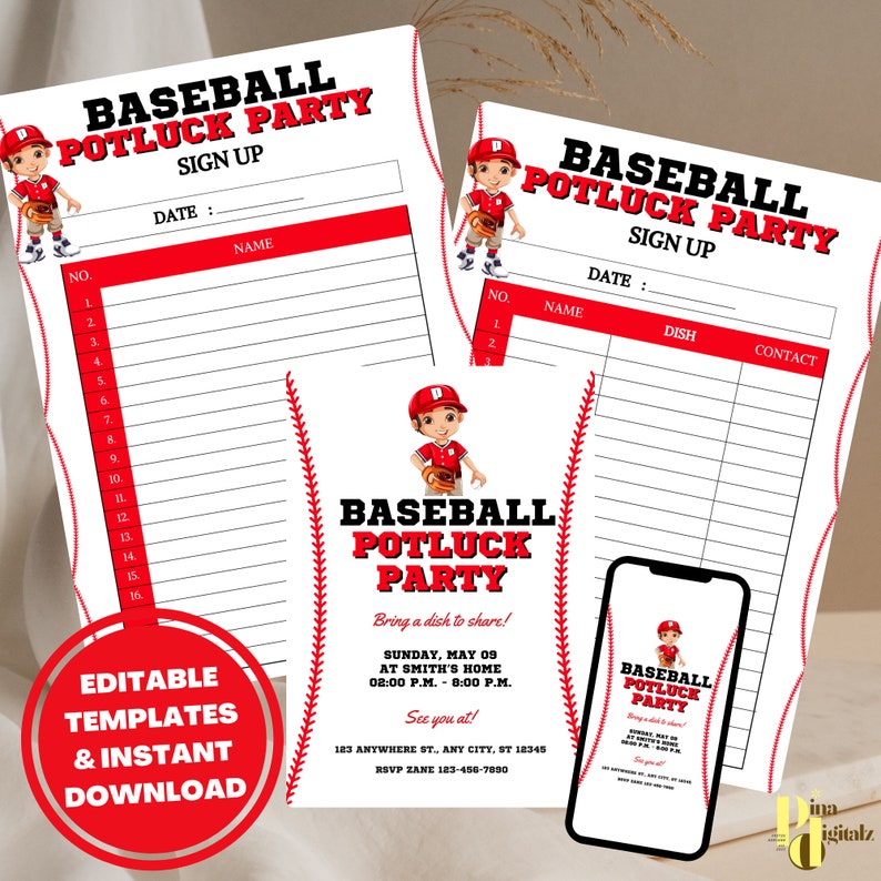 EDITABLE Baseball Potluck Invitation Baseball Potluck Invite Potluck ...