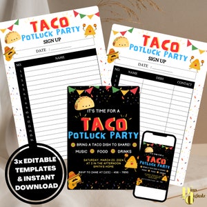 EDITABLE Taco Potluck Invitation Taco Bar Potluck Invite Taco Potluck ...