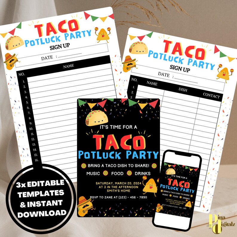 EDITABLE Taco Potluck Invitation Taco Bar Potluck Invite Taco Potluck ...