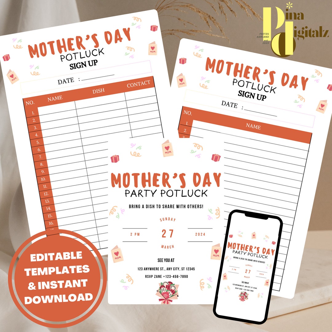 EDITABLE Mothers Day Potluck Invitation Mothers Day Potluck Invite ...