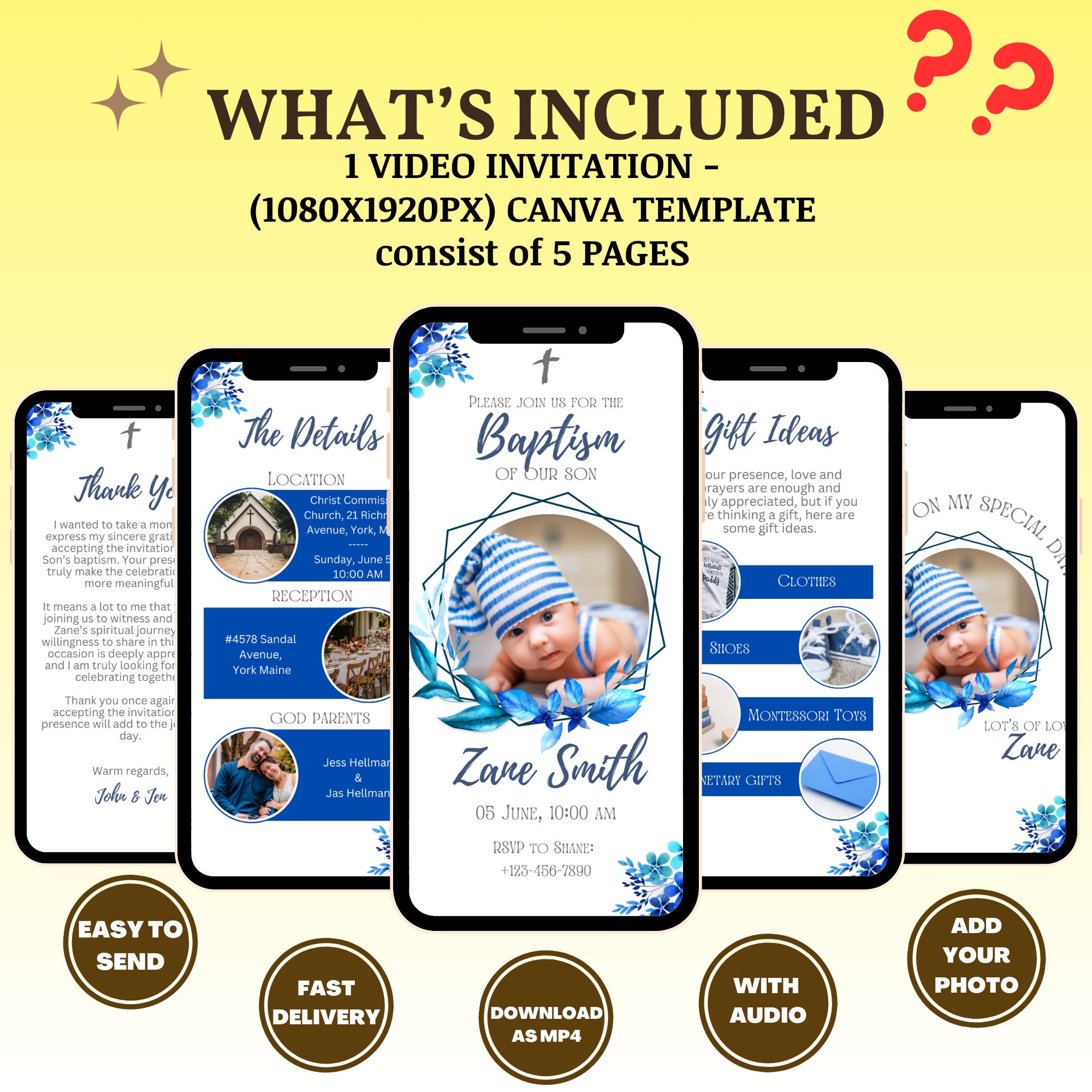 Digital Baptism Invitation Template Christening Invite Template Blue ...