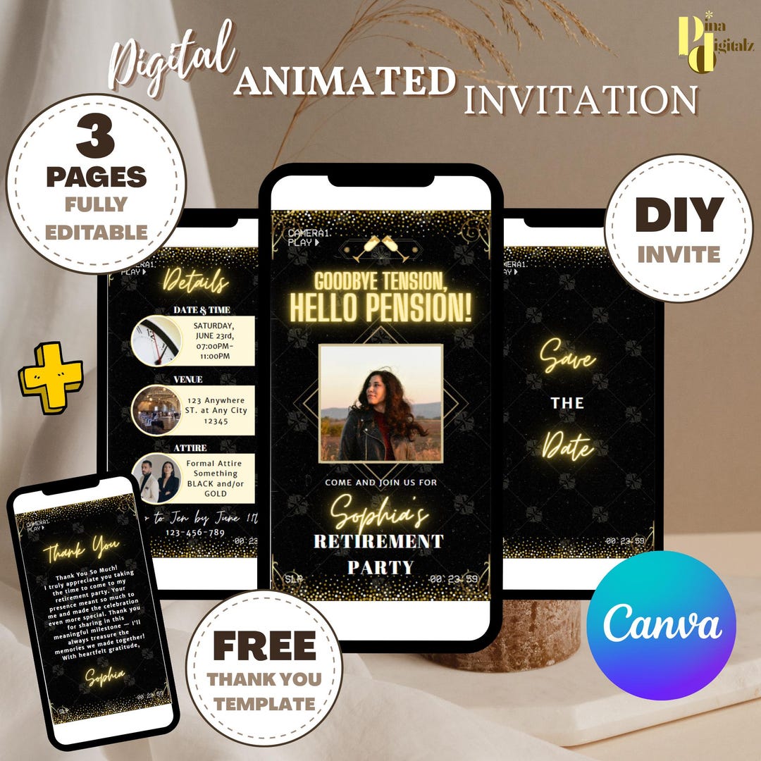 Digital Retirement Party Invitation for Her Him Modern Black and Gold ...