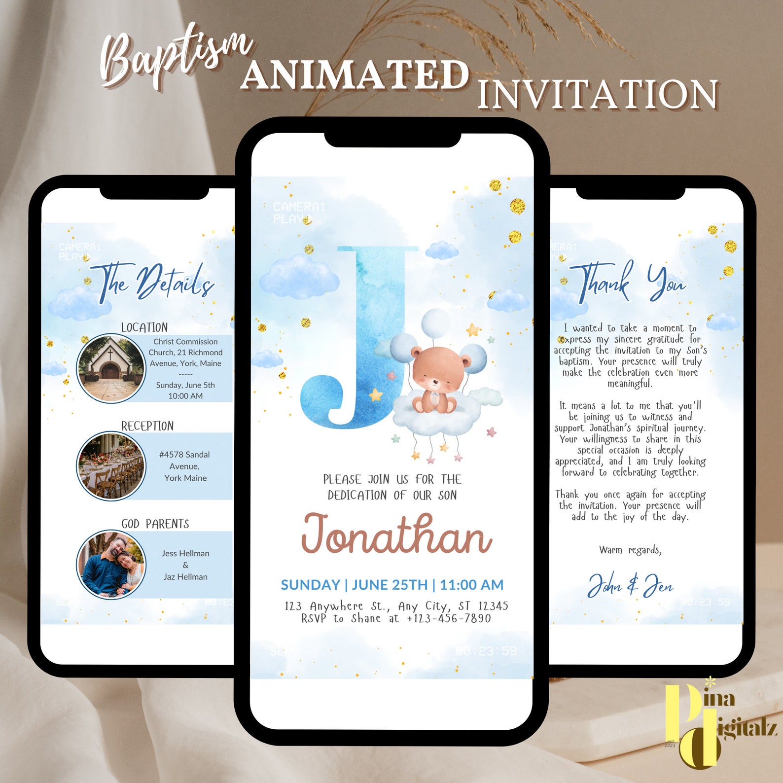 Modern Christening Invitation Boy Baptism Invitation Template Blue ...
