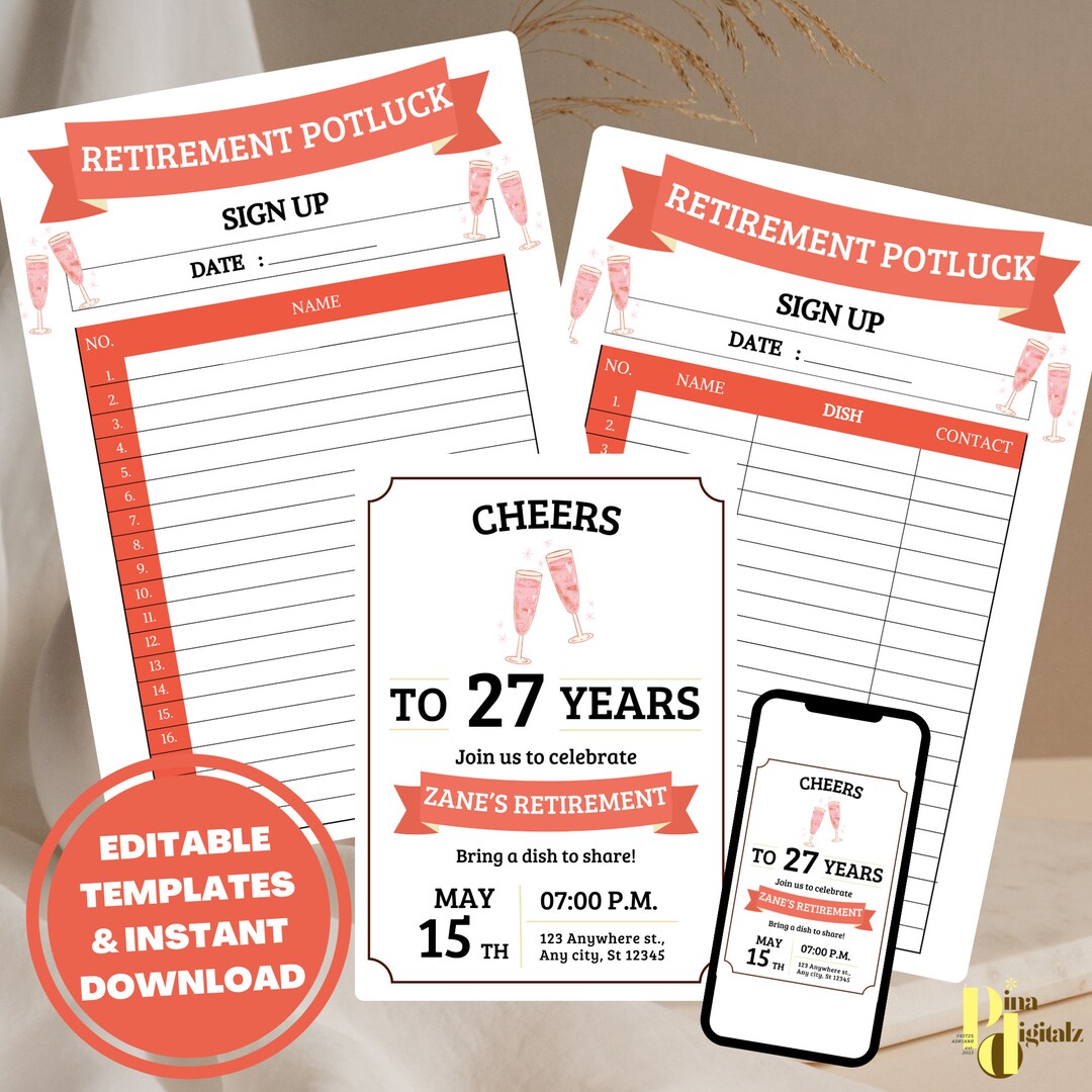 EDITABLE Retirement Invitation Party Potluck Retirement Invite Potluck ...