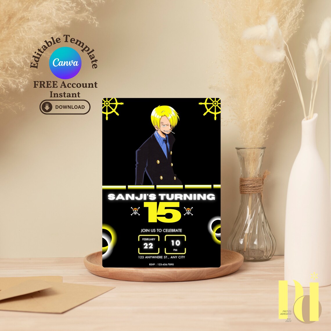One Piece Anime Invitation Template, Editable Birthday Invitation Sanji ...