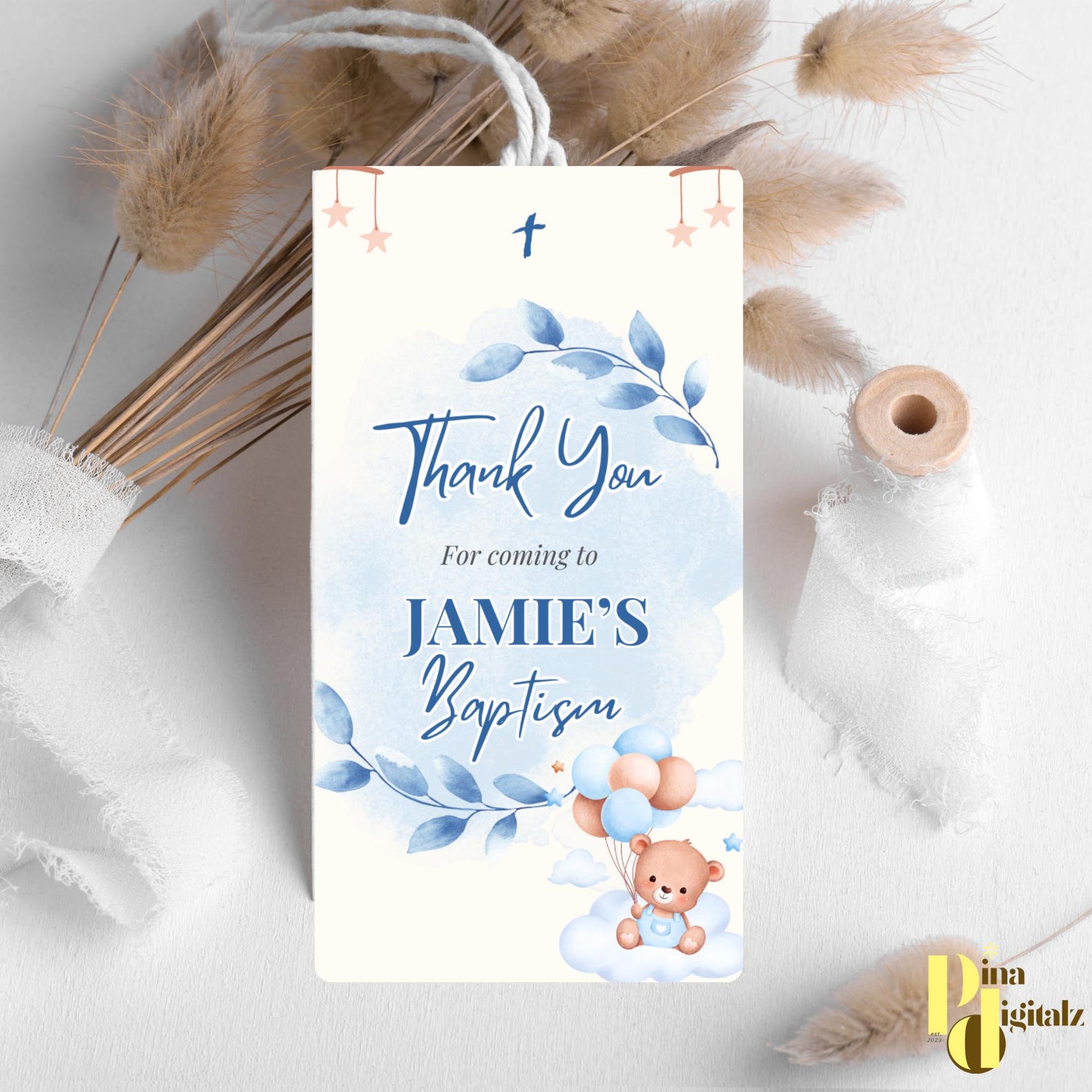 Baptism Digital Favor Tag Template Blue Bear Baptism Thank You Card ...
