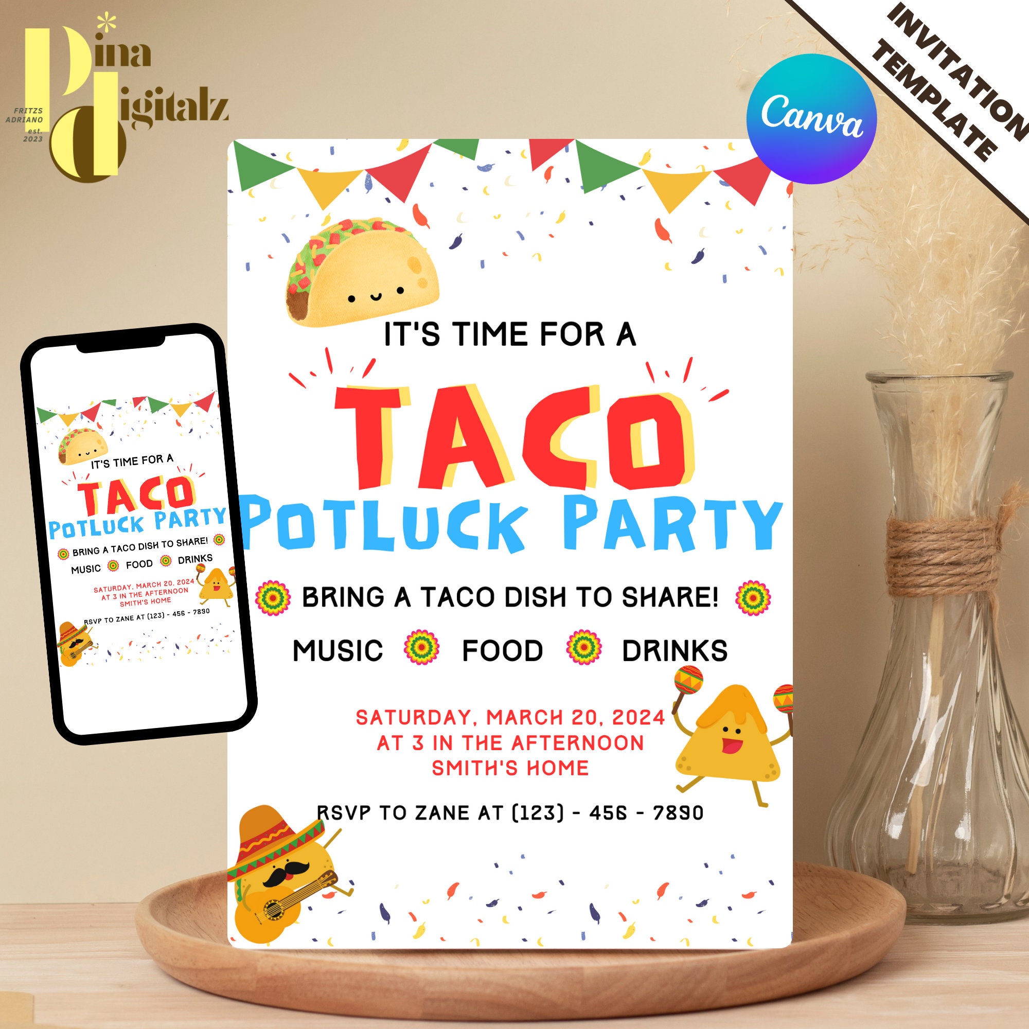 EDITABLE Taco Potluck Invitation Taco Bar Potluck Invite Taco Potluck ...