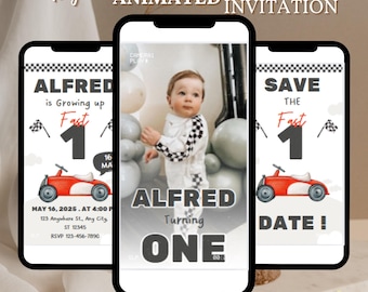 Editable Fast One Race Car 1st Birthday Animated Invitation With Photo ...