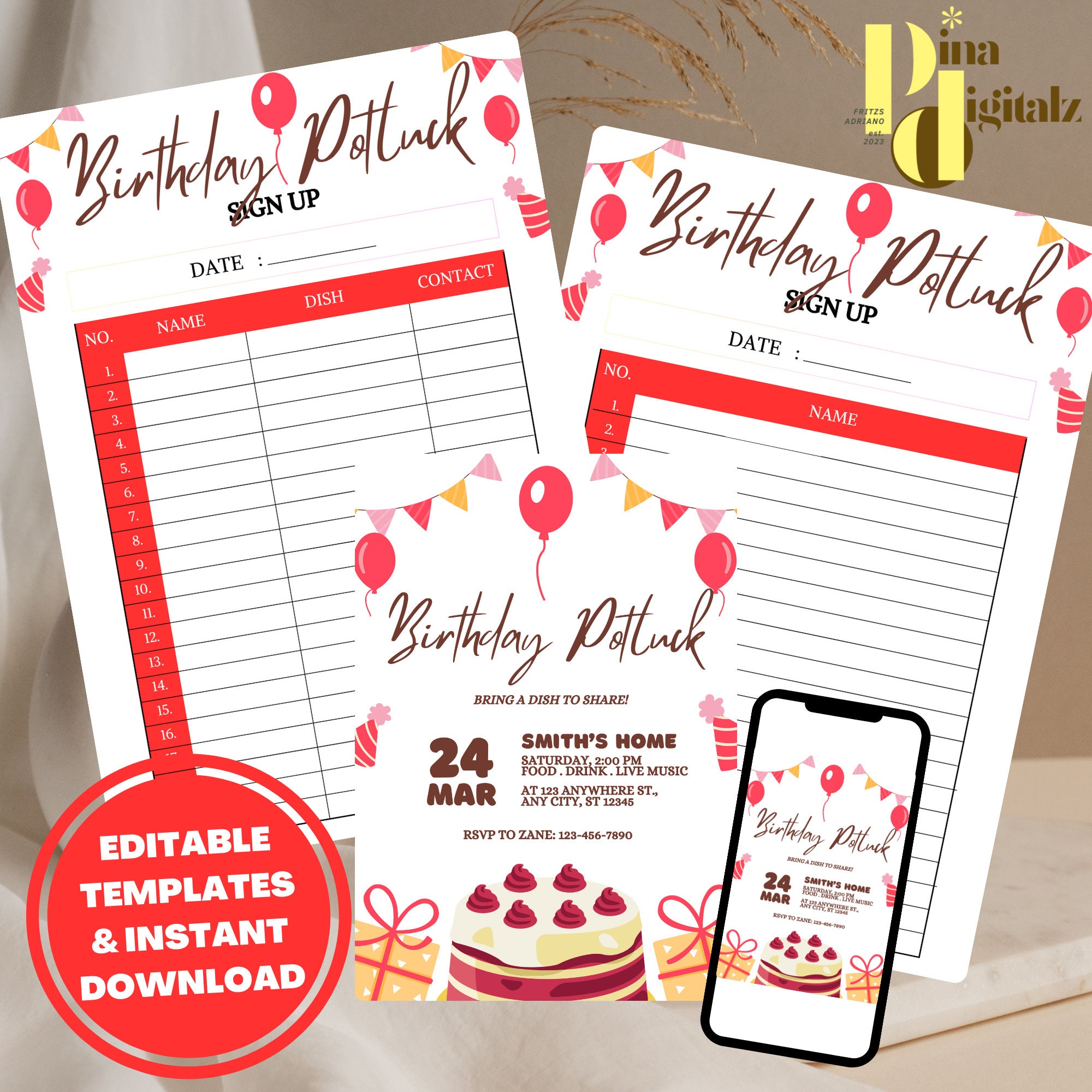 EDITABLE Birthday Potluck Invitation Birthday Potluck Invite Potluck Sign up Sheet Template ...