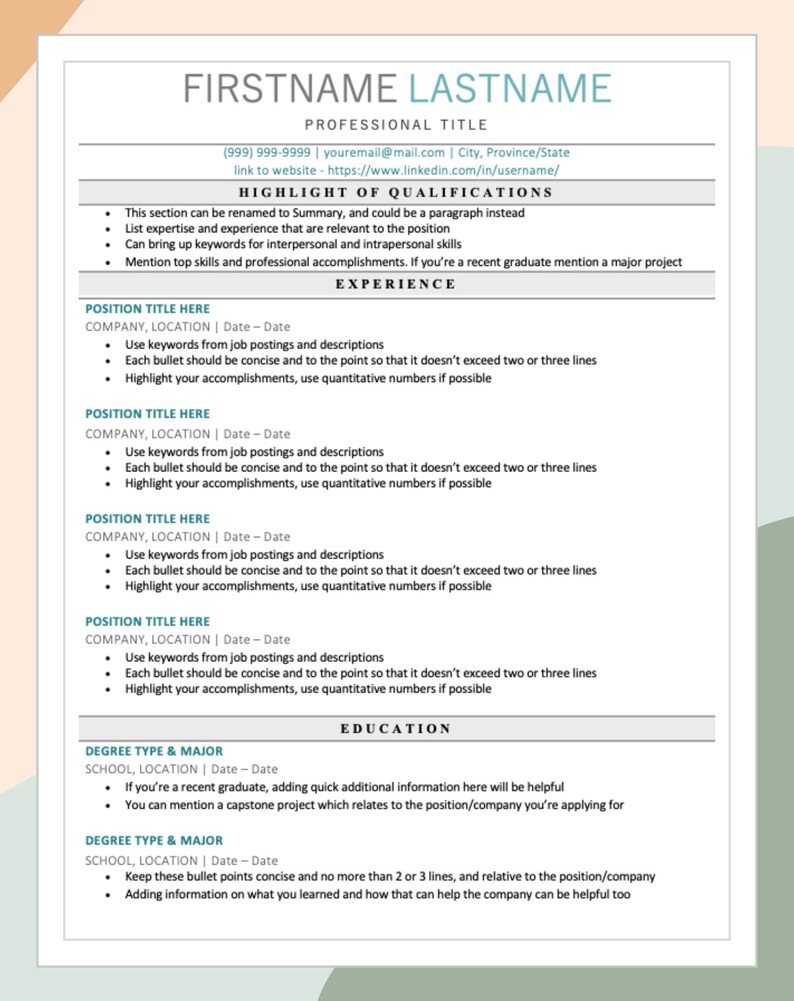 Simple, Minimalist, Professional Resume word & Google Doc - Etsy