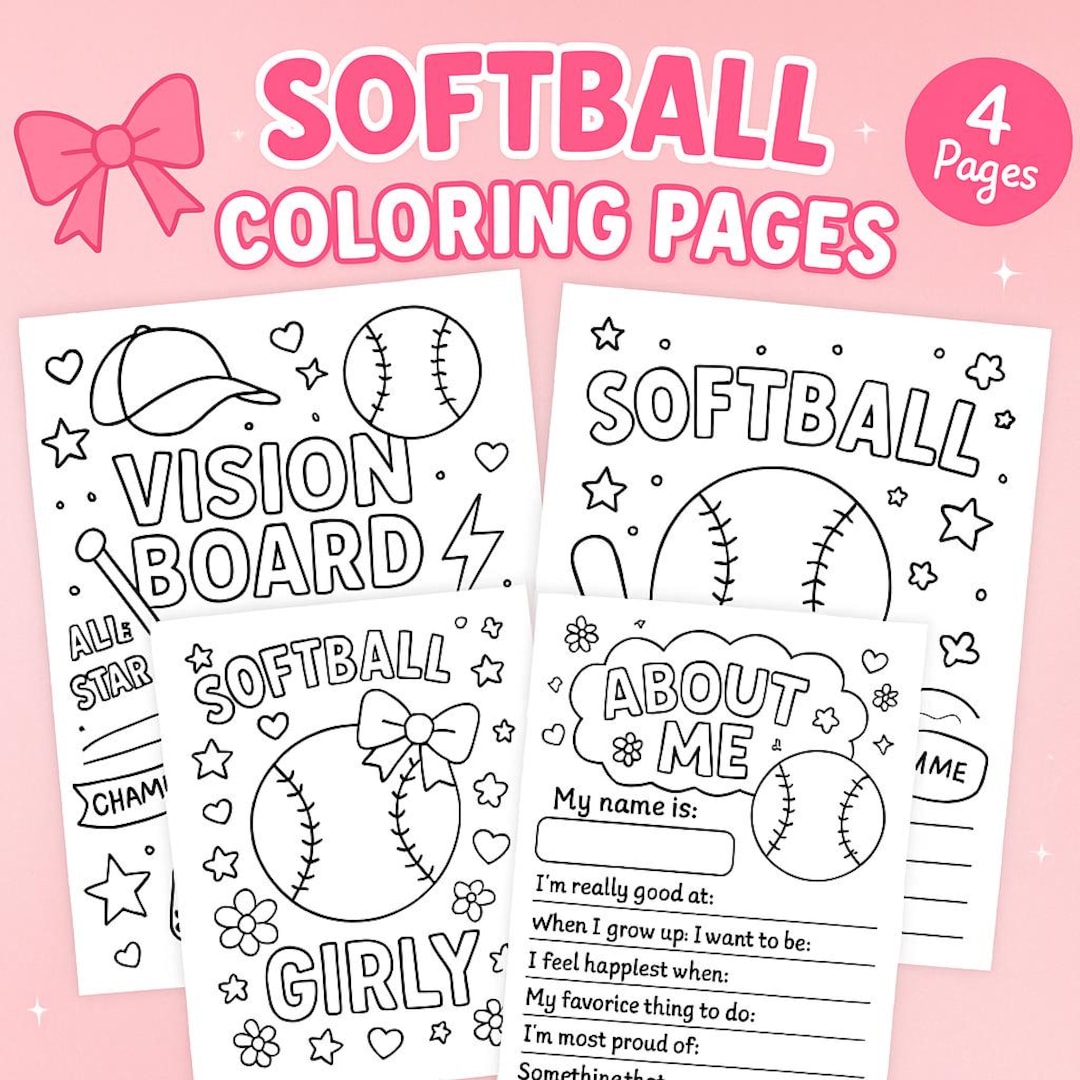 Softball Coloring Pages for Girls | 4 Printable Sheets | Team Activity ...