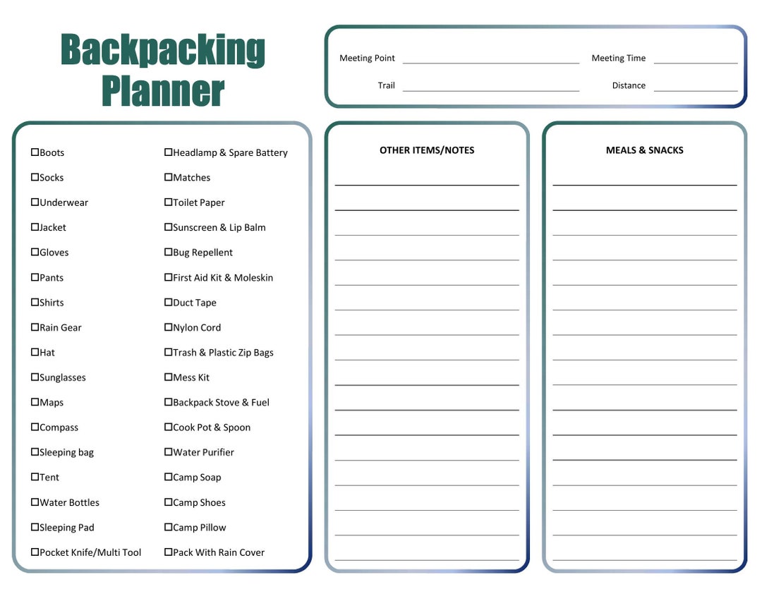 Printable Backpacking Checklist & Planner - Etsy