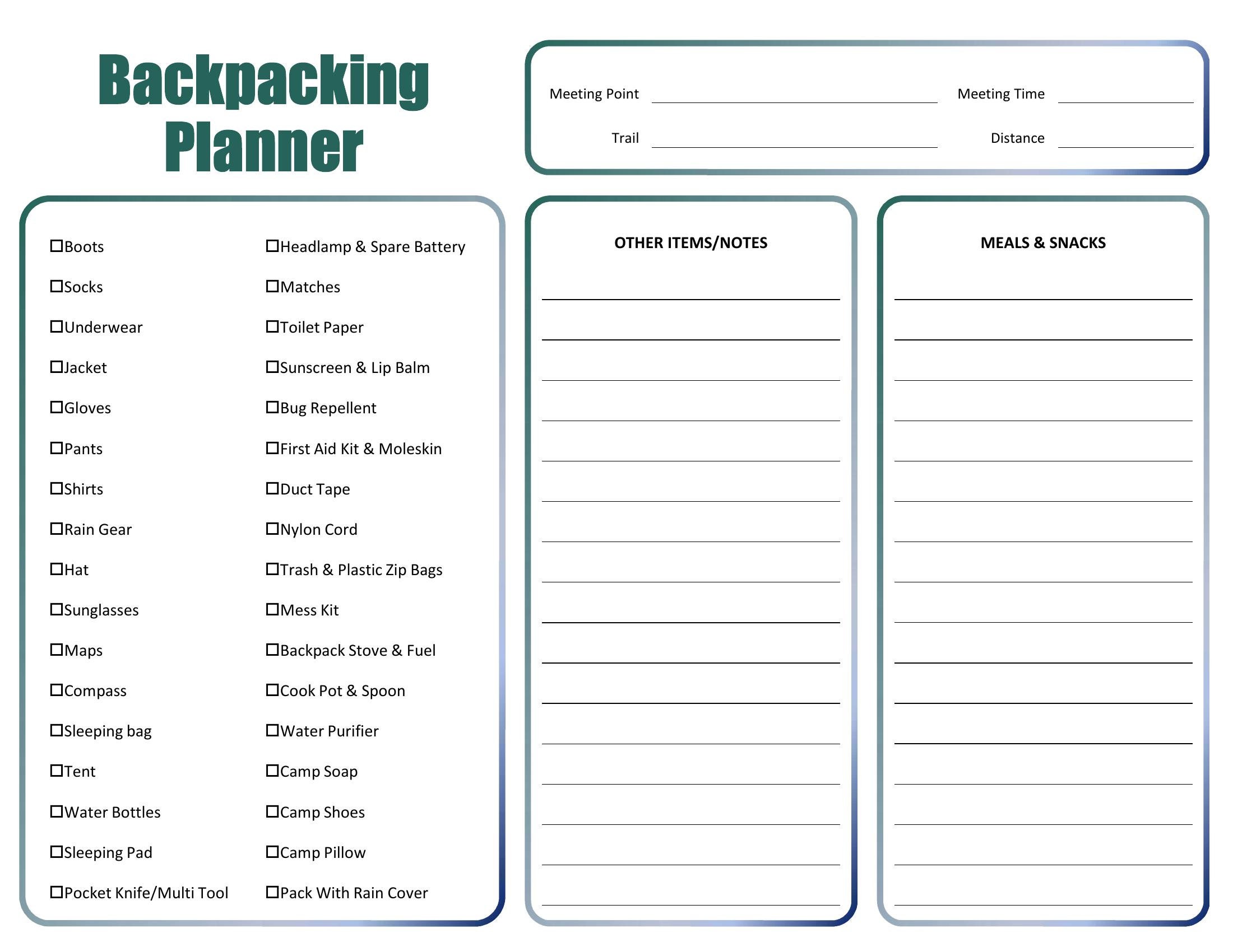Printable Backpacking Checklist & Planner - Etsy