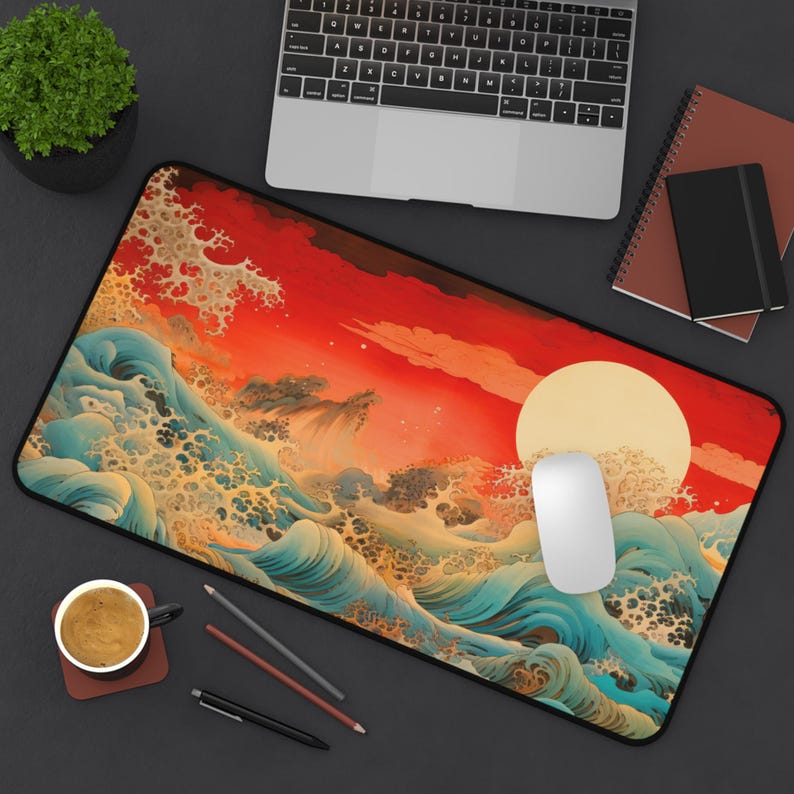 The Great Wave off Kanagawa, Sunset Desk Mat, Japanese Wave Desk Mat ...