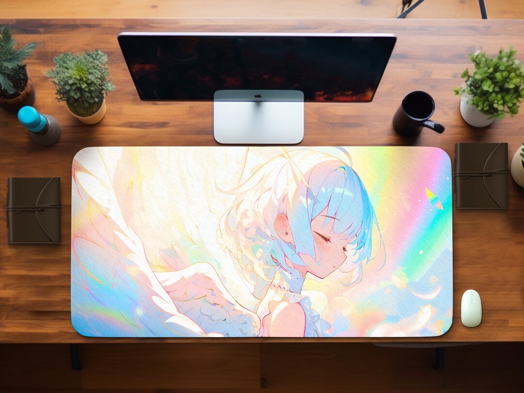 Angel Desk Mat, Anime Mouse Pad, Cute Aesthetic Rainbow Deskmat, Large ...