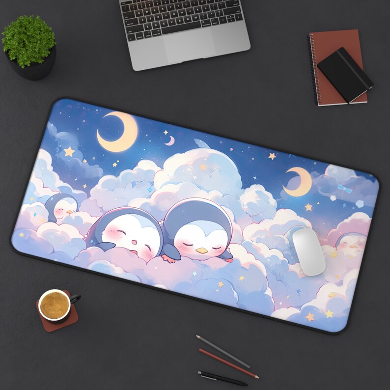 Cute Penguins Desk Mat. Moon and Stars Keyboard Mat. Kawaii Clouds ...