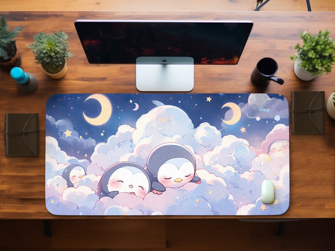 Cute Penguins Desk Mat. Moon and Stars Keyboard Mat. Kawaii Clouds ...