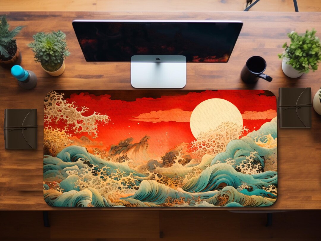 The Great Wave off Kanagawa, Sunset Desk Mat, Japanese Wave Desk Mat ...