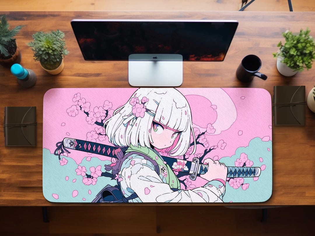 Anime Samurai Girl Desk Mat: Japanese Sakura Landscape, Pink Pastel ...