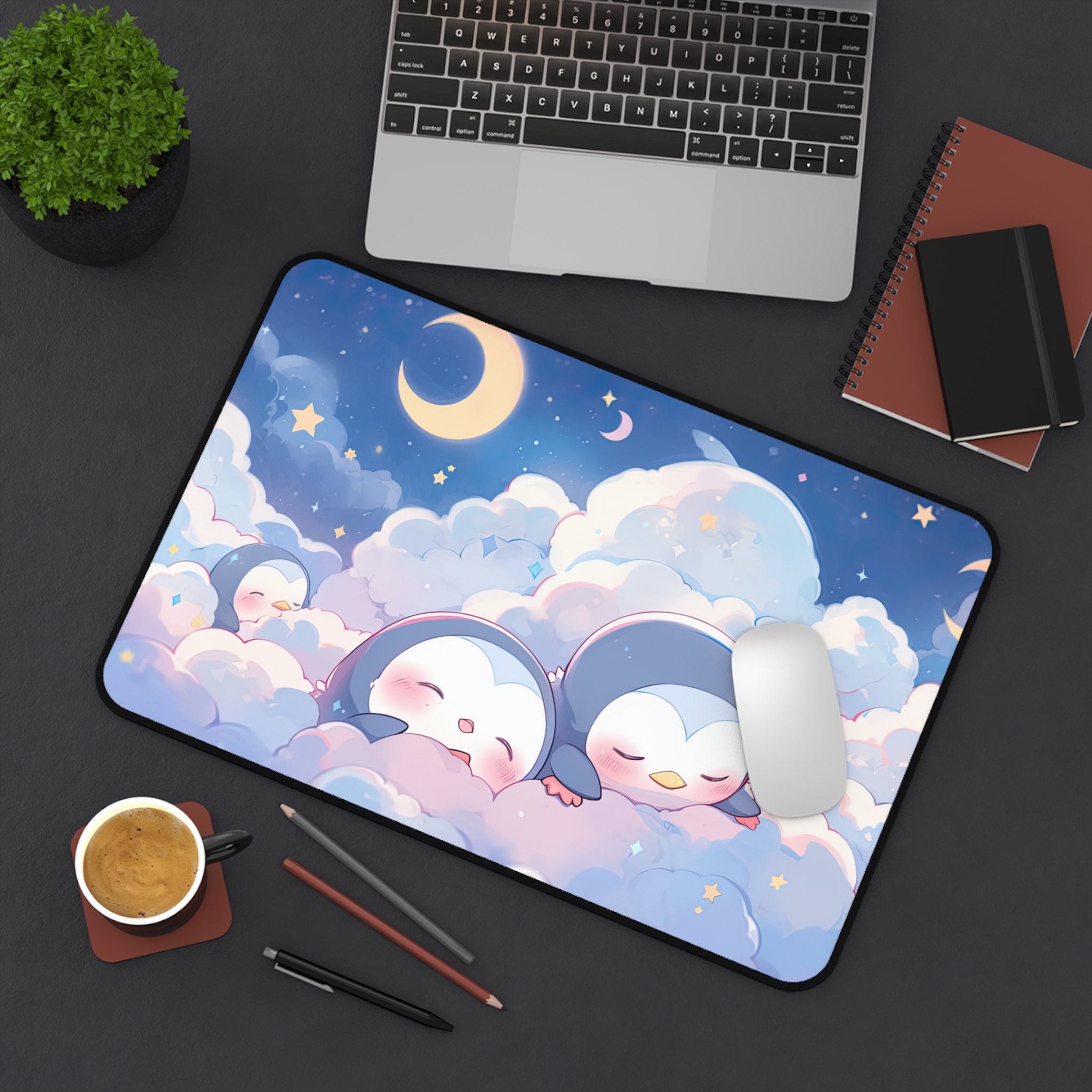 Cute Penguins Desk Mat. Moon and Stars Keyboard Mat. Kawaii Clouds ...