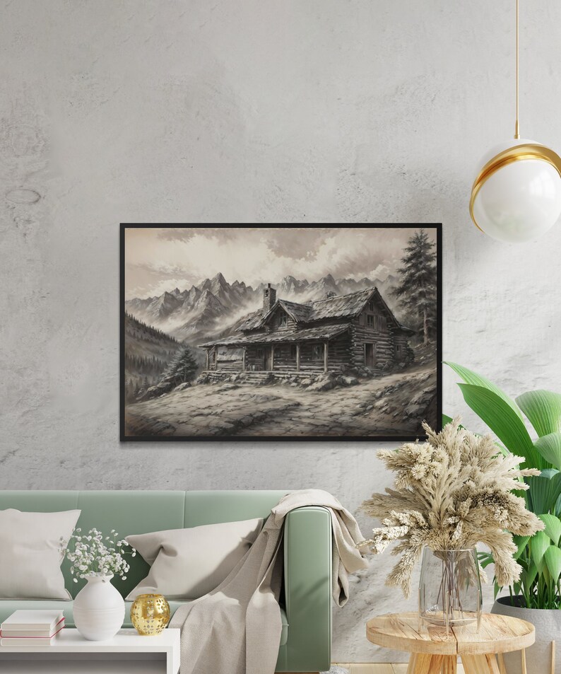 Rustic Mountain Cabin Sketch Digital Download, Rustic Wall Art Decor ...