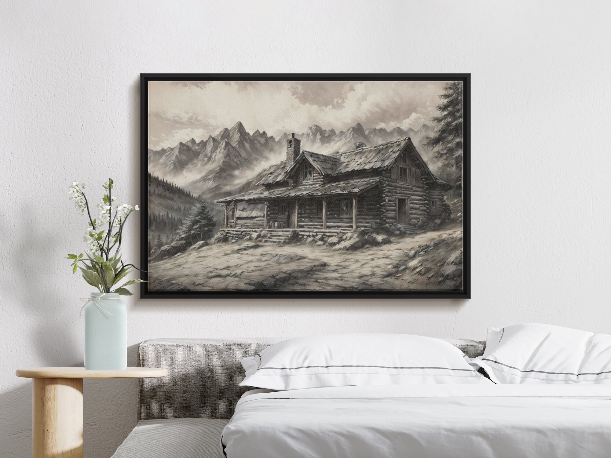 Rustic Mountain Cabin Sketch Digital Download, Rustic Wall Art Decor ...