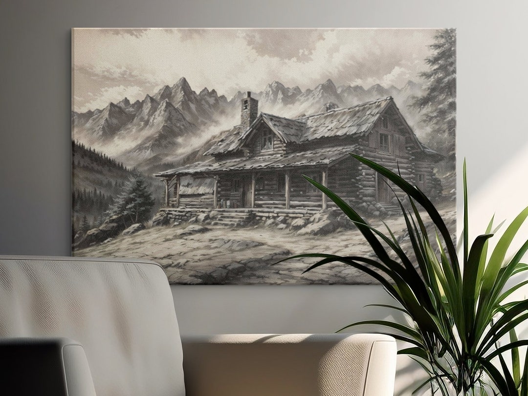 Rustic Mountain Cabin Sketch Digital Download, Rustic Wall Art Decor ...