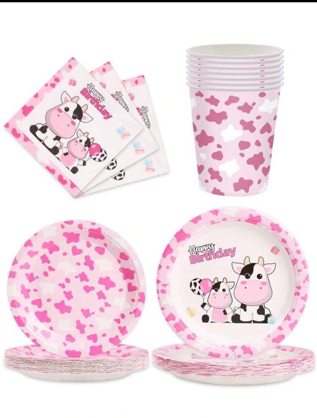 48 Pcs Pink Cow Print, Birthday Party Supplies Set- Vibrant 'HAPPY ...