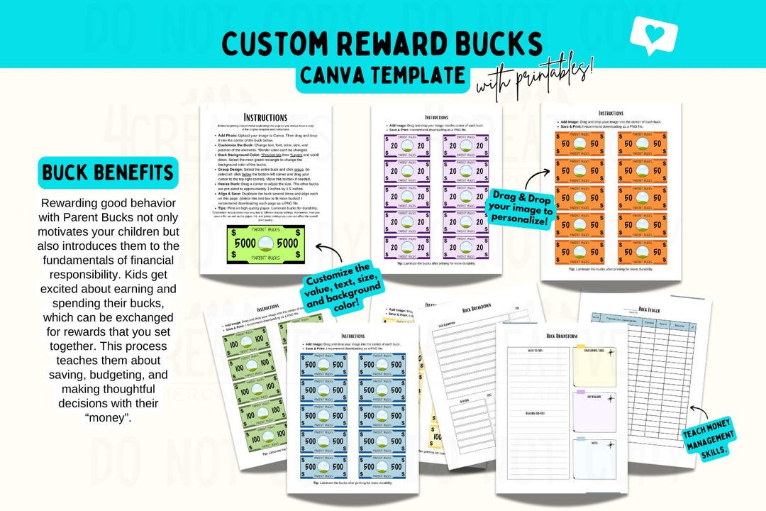 Parent Reward Bucks TEMPLATES Custom Play Money Printable Finacial ...