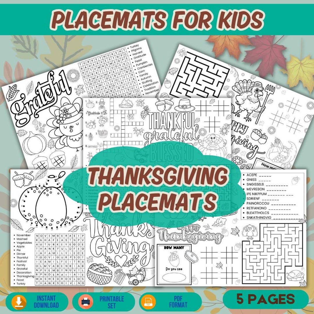 Thanksgiving Placemat Bundle 5 Printable Activity / Coloring Mats for ...