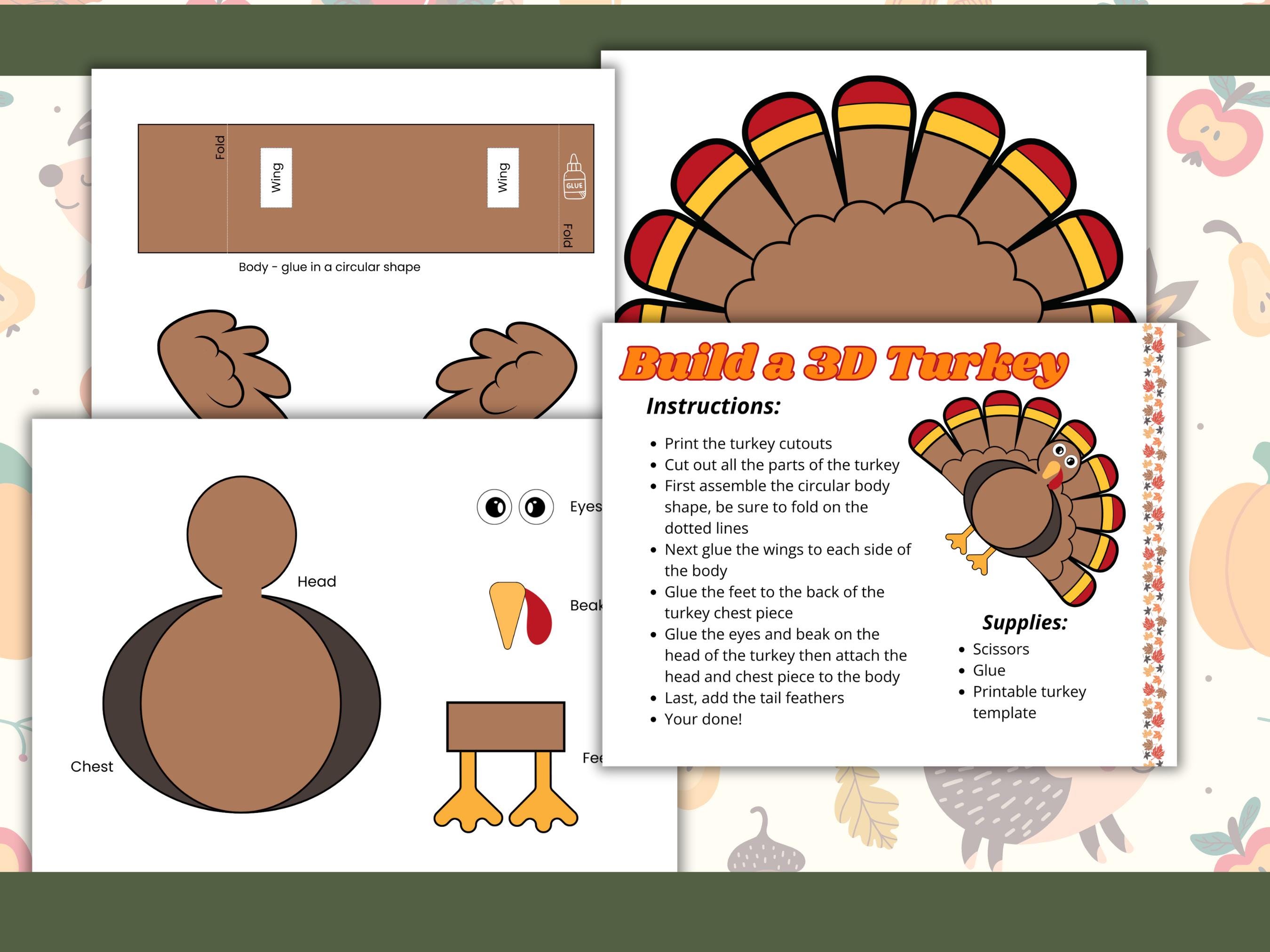 3D Build a Turkey Printable Fun Thanksgiving Craft for Kids Print, Cut ...