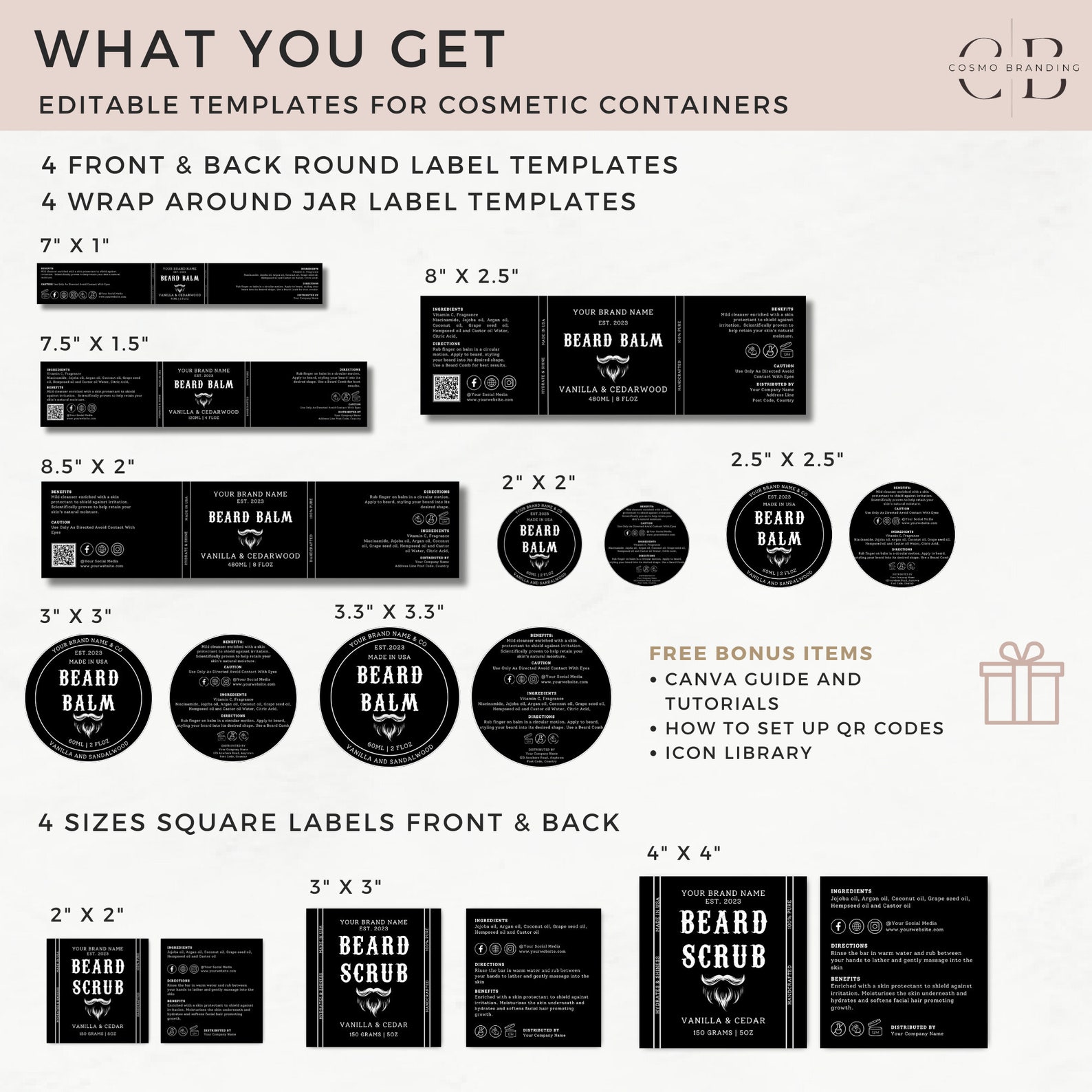 Editable Cosmetic Container Label Templates, DIY Men Care Product, Jar ...