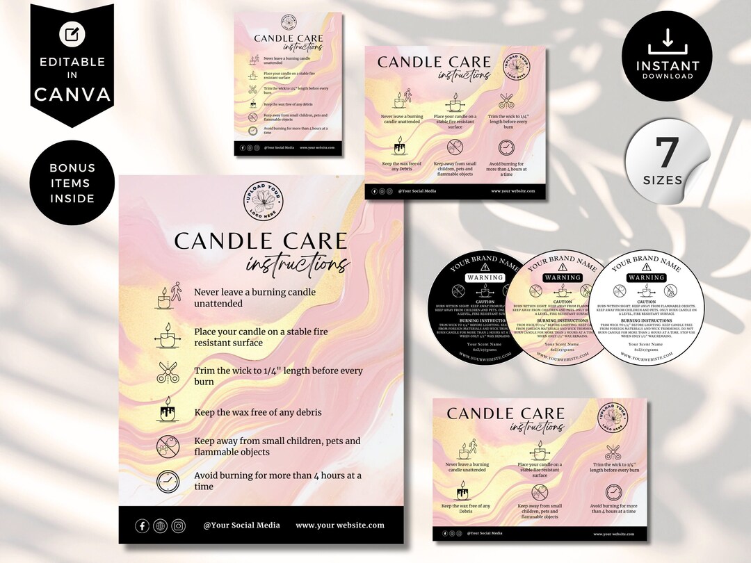 Editable Candle Warning Card, Pink, Printable Candle Care Instructions ...
