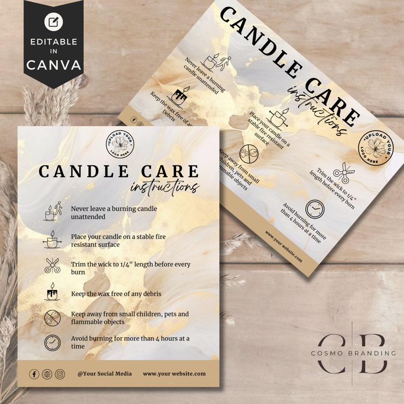 Editable Candle Warning Card, Gold, Printable Candle Care Instructions ...