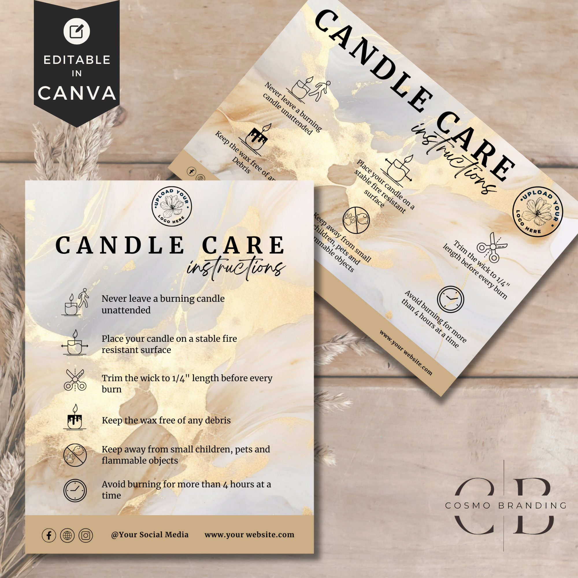 Editable Candle Warning Card, Gold, Printable Candle Care Instructions ...