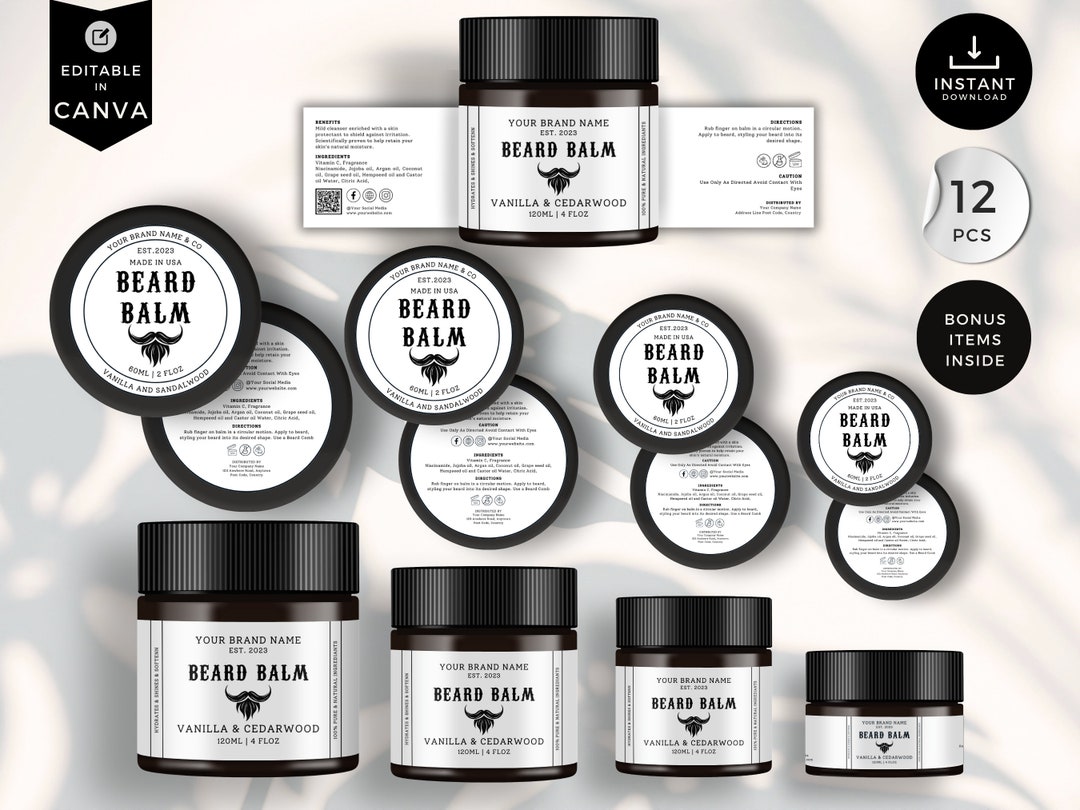 Jar Label Template, White, Men Care Designs, Editable Beard Product ...