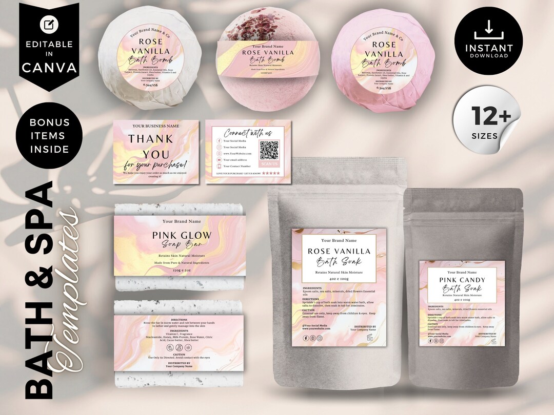 Bath Product Labels, Pink, Cosmetic Label Templates, Soap Labels, Spa ...