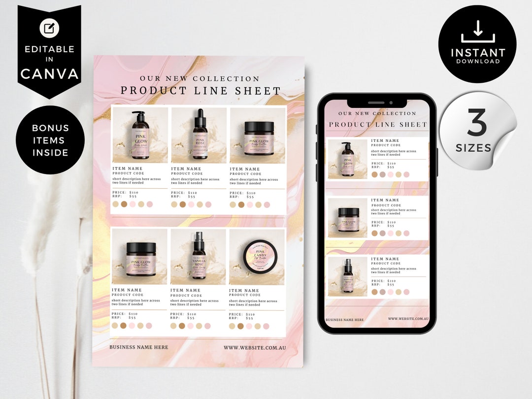 Product Line Sheet Template, Pink, Catalogue Template, Pricing Guide ...